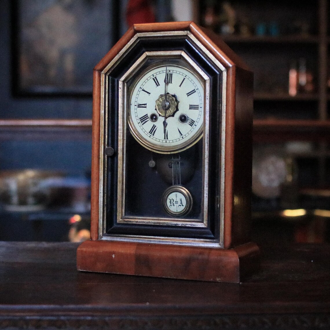 Antique Mantel Clock With Walnut Case, Glazed Door, Roman Numeral Dial ...