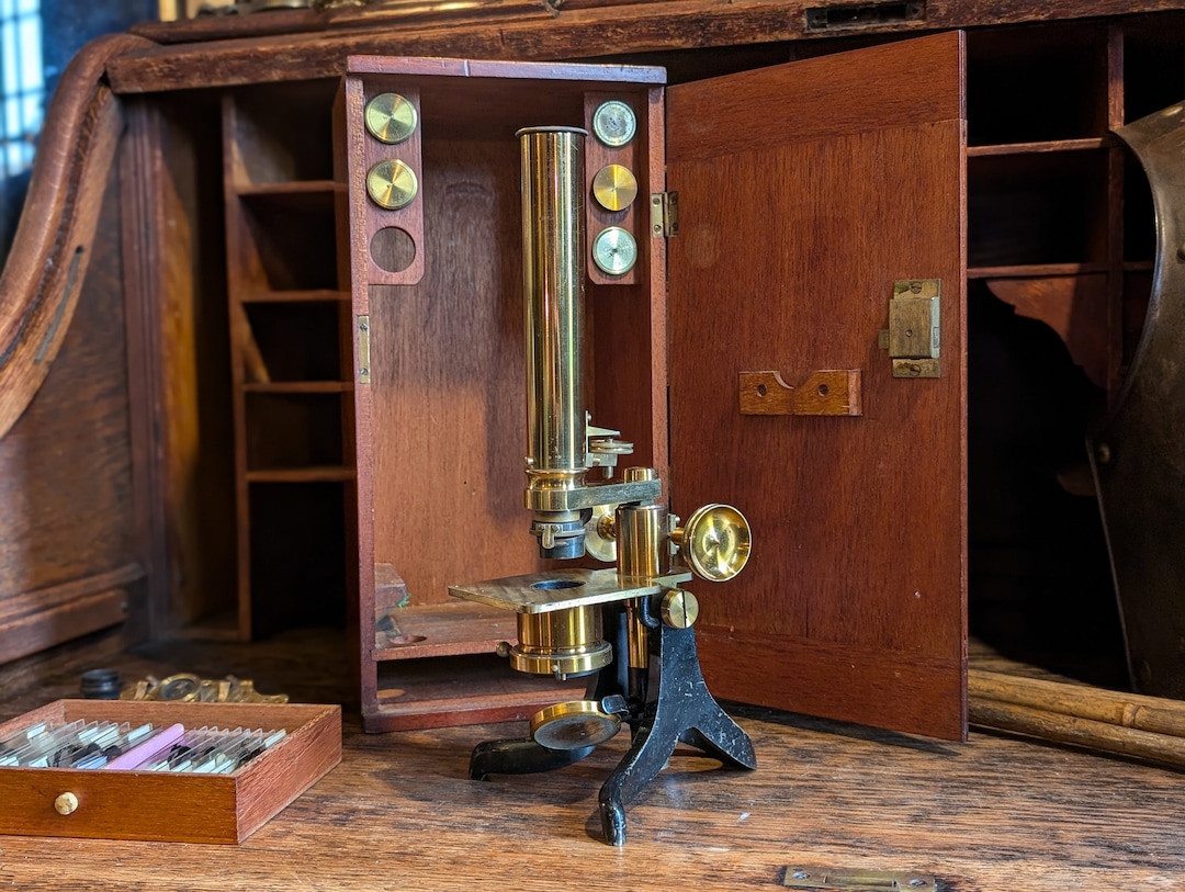 Antique 19th.c Brass Laboratory Microscope With Slides and Attachment's ...