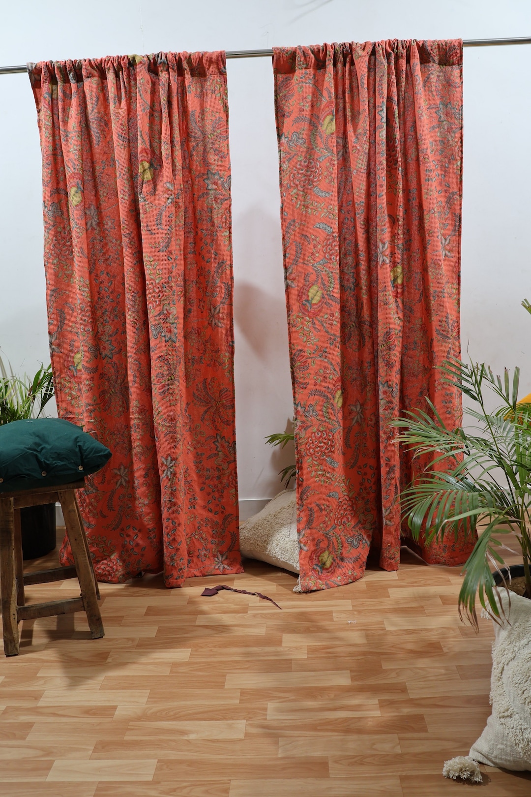 Linen Waffle Red With Red Floral Curtains Natural Curtains - Etsy