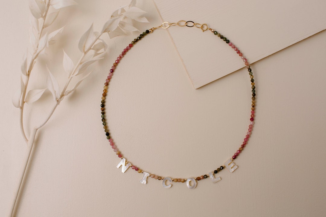 Multi- Color Pearl Letter Gemstone Necklace | Initial Necklace | Name ...