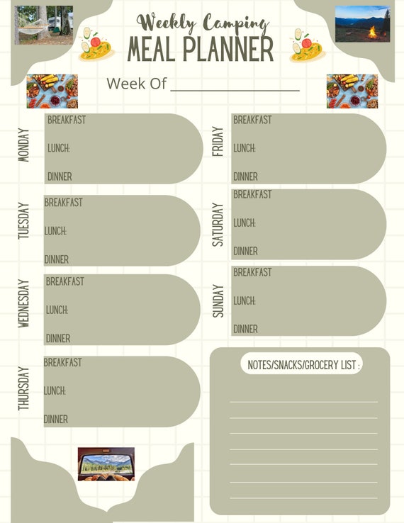 Camping Weekly Menu Planner / Printable PDF Digital Download / - Etsy