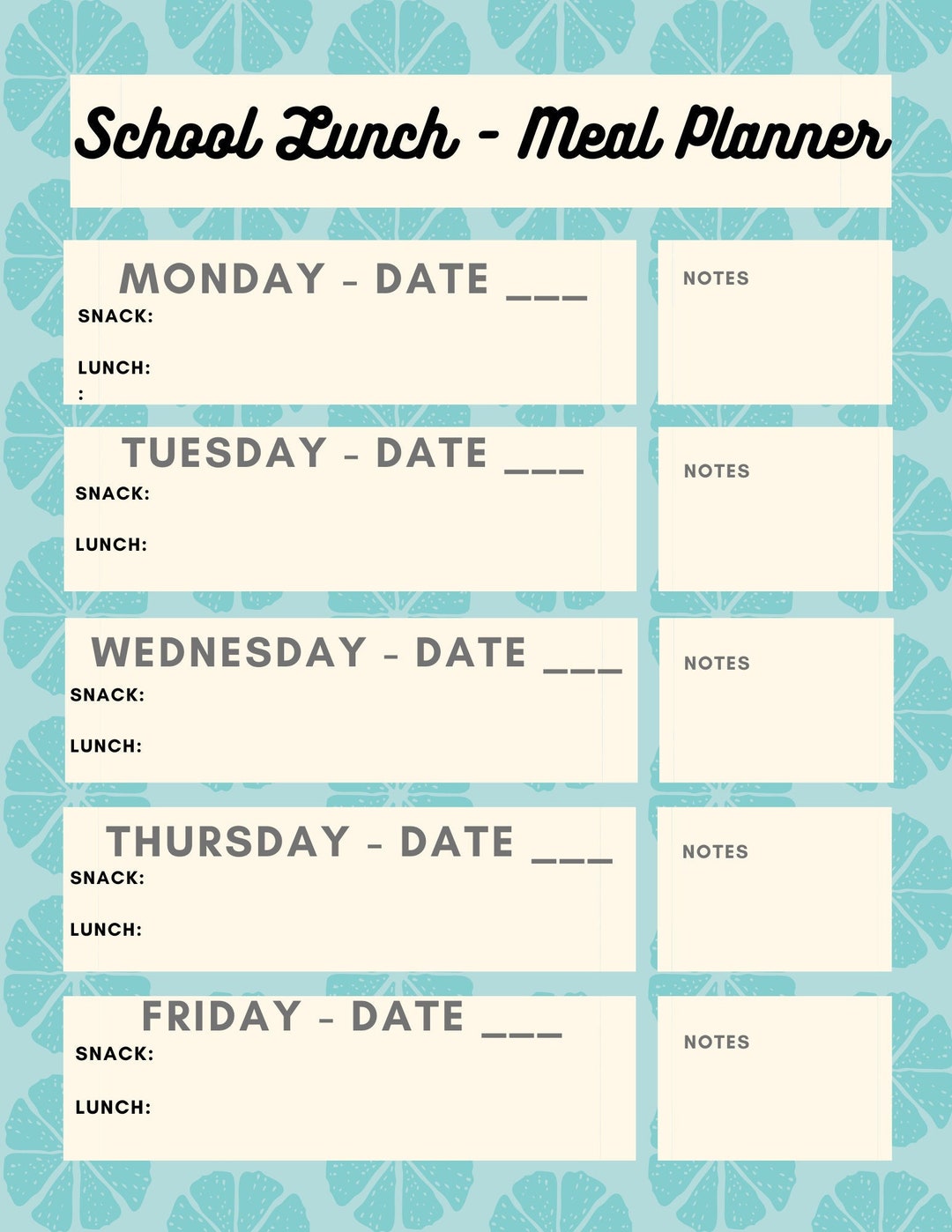 School Lunch Weekly Menu Planner Digital Download PDF - Etsy