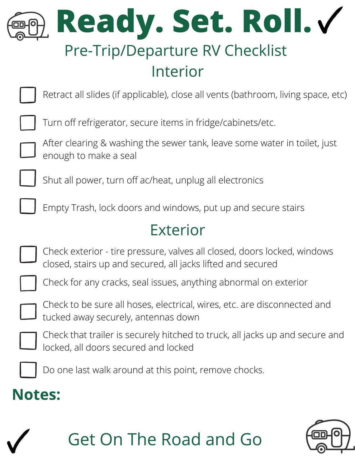 PRINTED SHIPPED RV Checklist for Travel Trailers - Set Up/breakdown ...