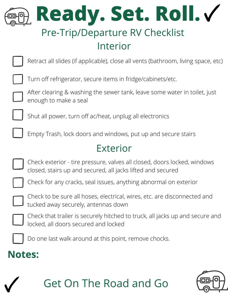 RV Checklist for Travel Trailers - Set Up/breakdown/interior/exterior ...