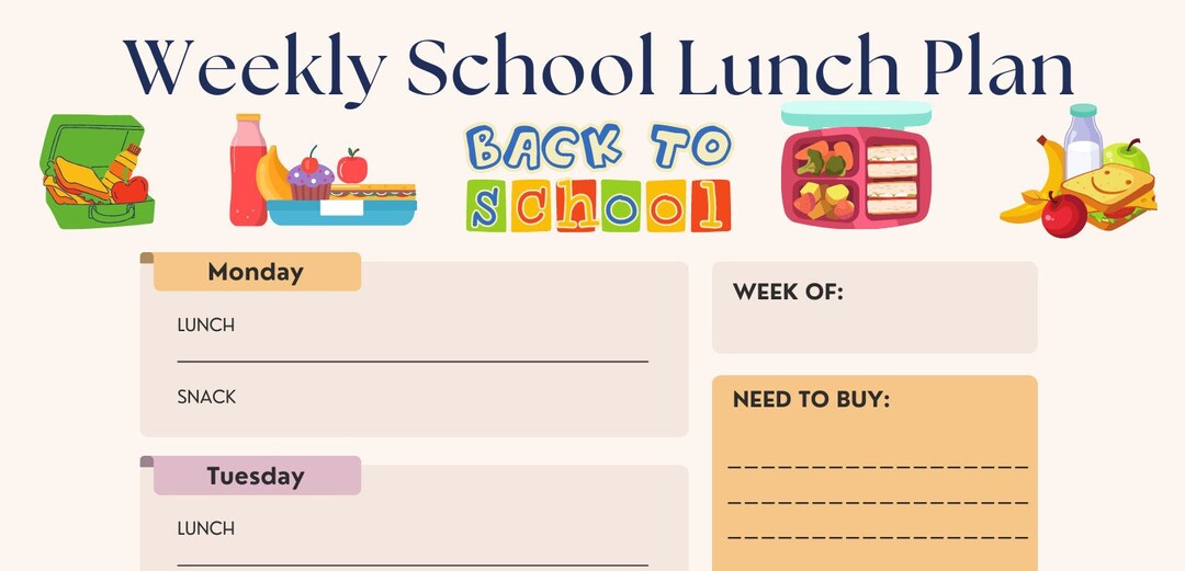 Colorful Weekly School Lunch Planner PDF Digital Download Printable ...
