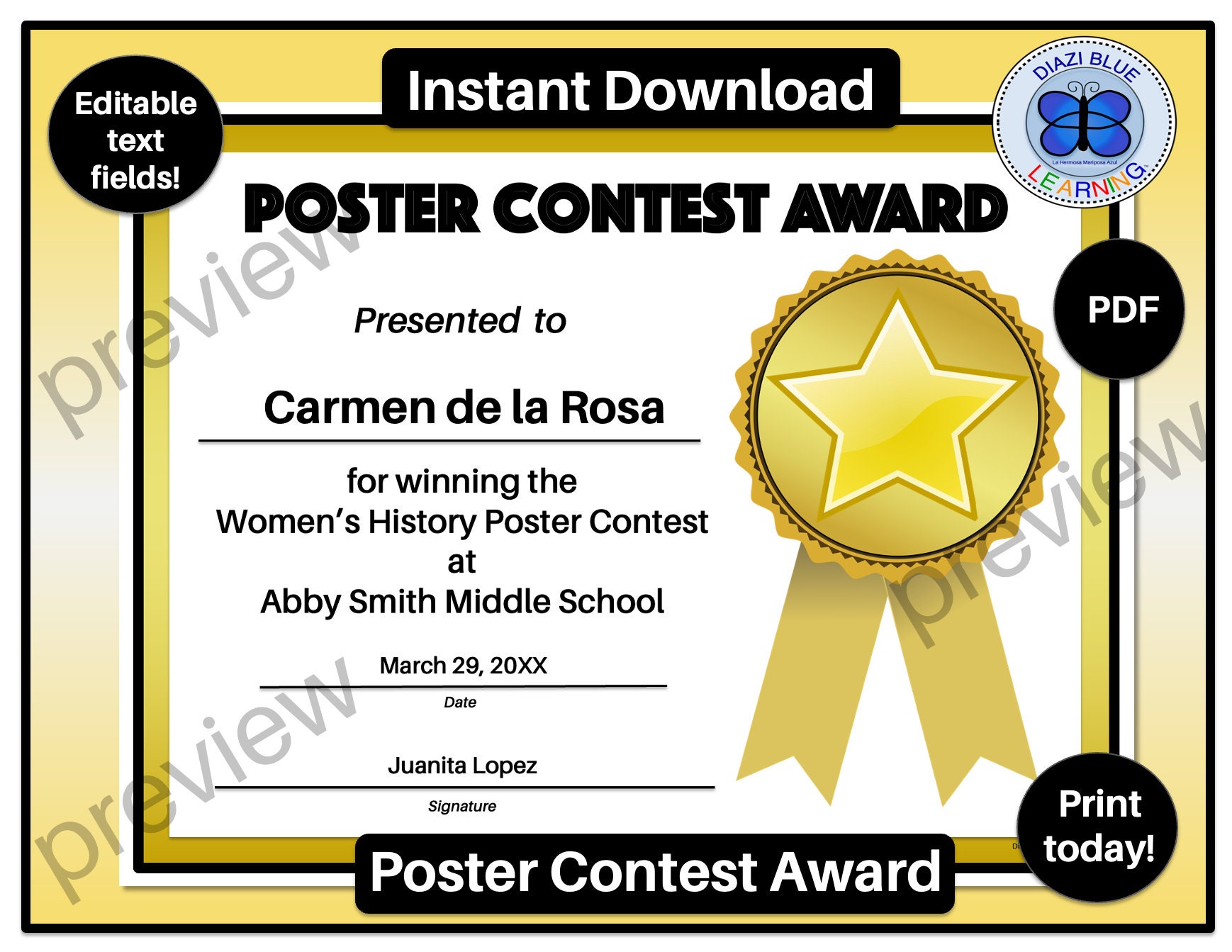 Poster Contest Award, Editable Poster Contest Certificate, PDF Poster ...