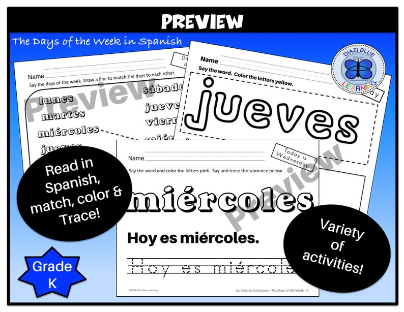 The Days of the Week in Spanish, Los Días De La Semana Kindergarten ...