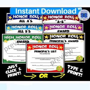 Honor Roll Certificates, 7 Pack Stars Honor Roll Certificates, Fillable ...