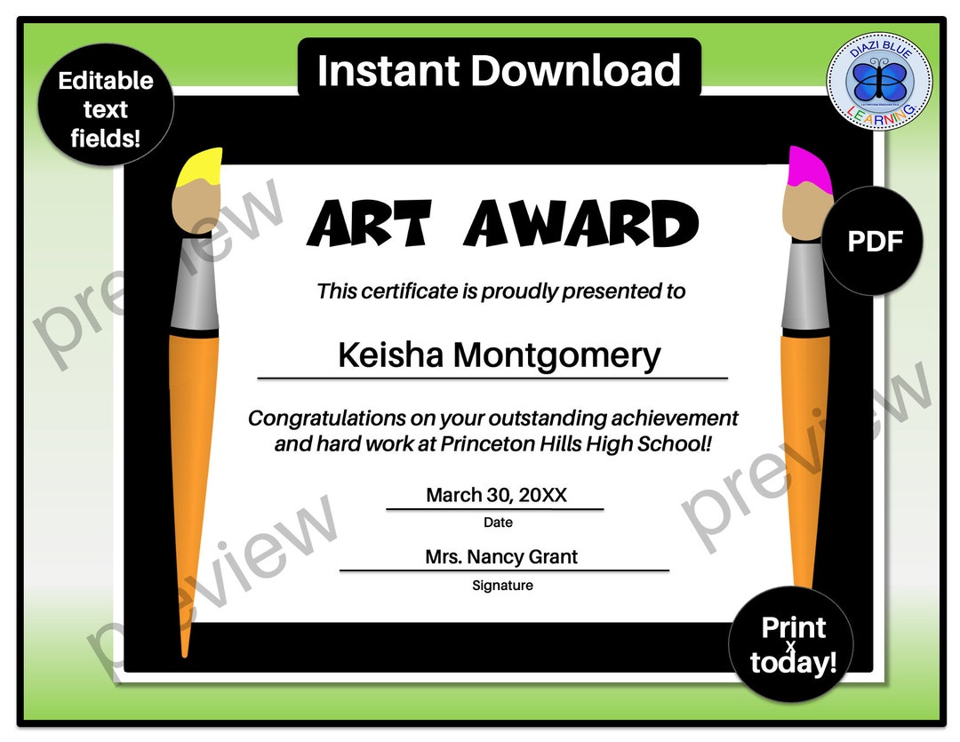 Art Certificate, PDF Art Award, Editable Art Certificate, End of Year ...