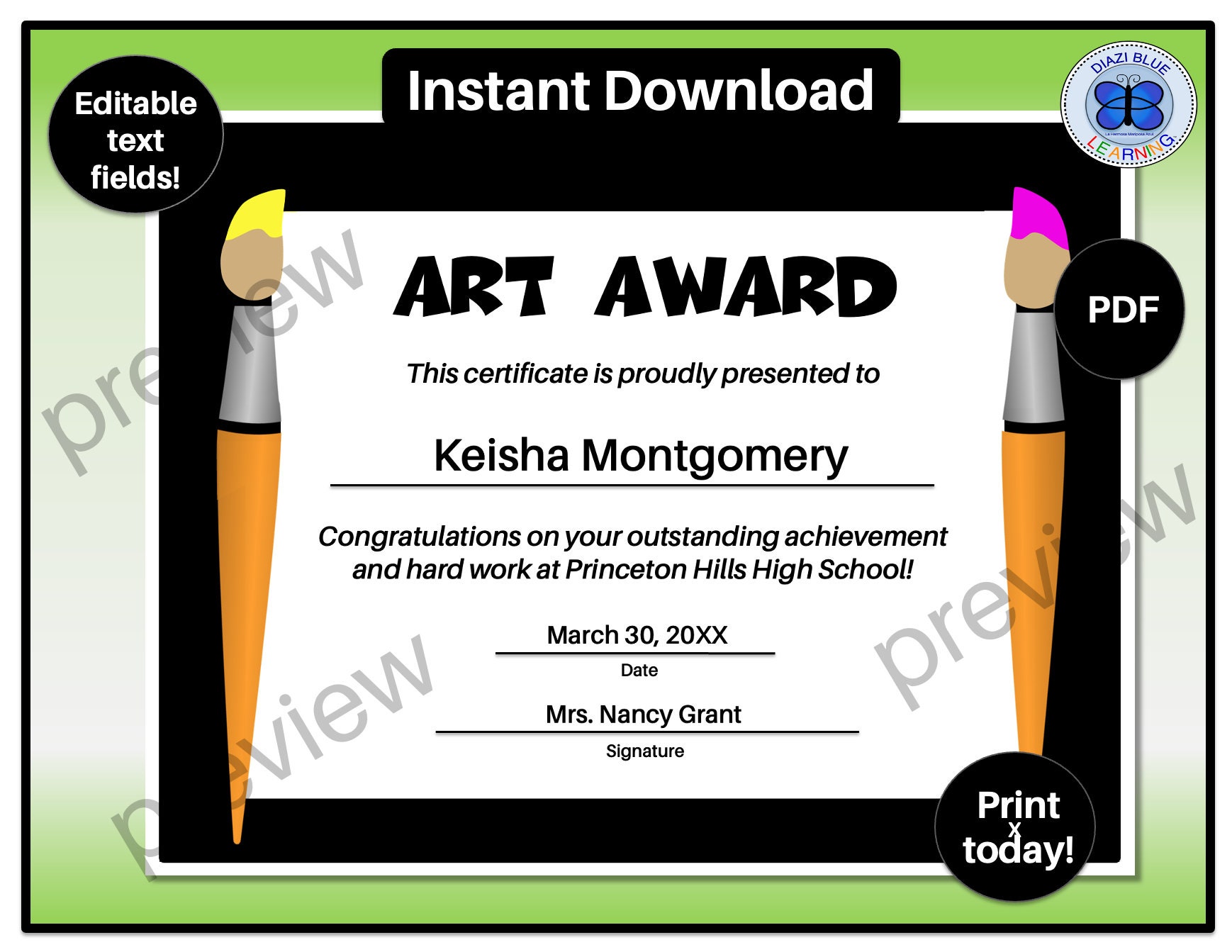 Art Certificate, PDF Art Award, Editable Art Certificate, End of Year ...