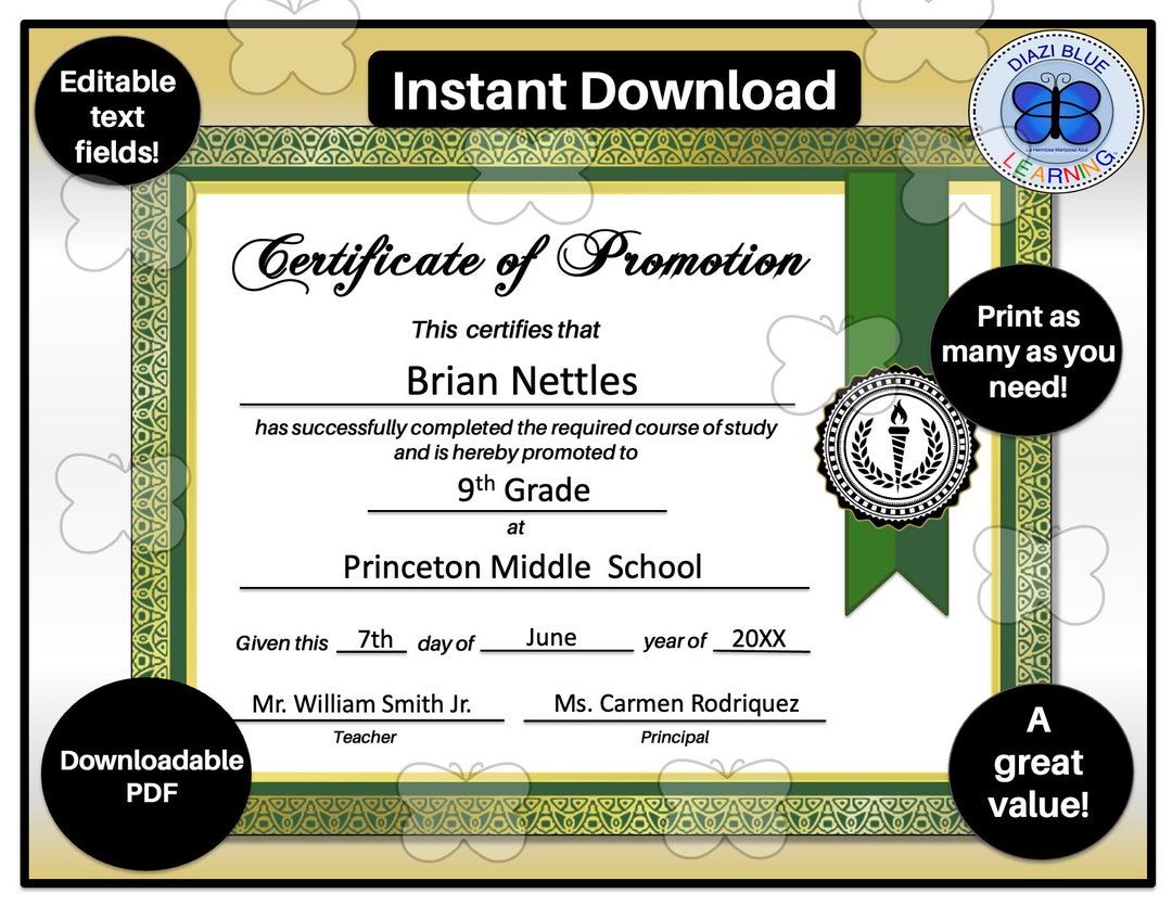 Certificate of Promotion, Certificate of Completion, End of Year School ...