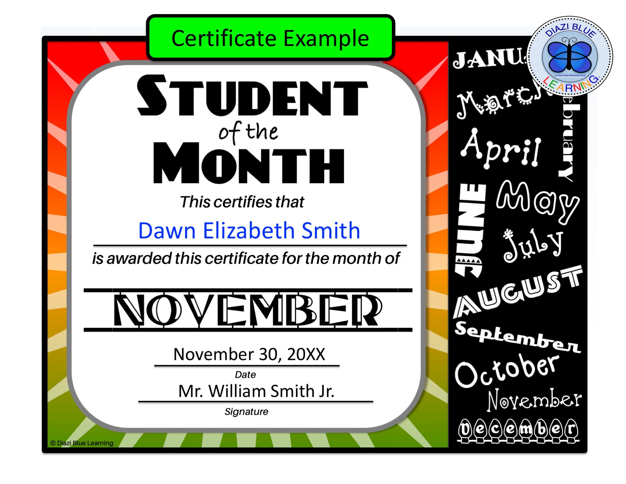 Student of the Month Certificate for November, Editable PDF Student of ...