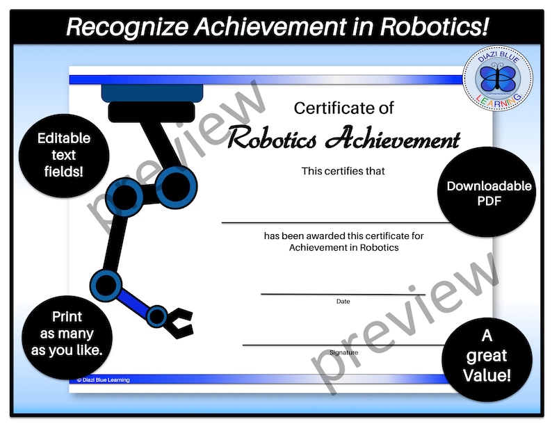 Robotics Certificates, Robotics Achievement, Editable Robotics ...