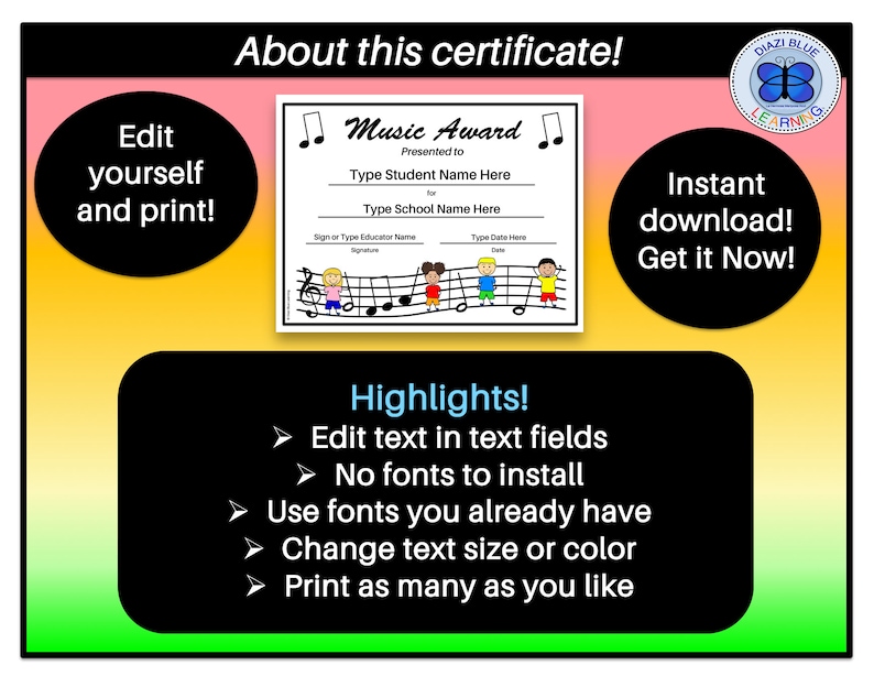Music Certificates, Printable Music Certificates, Music Awards ...