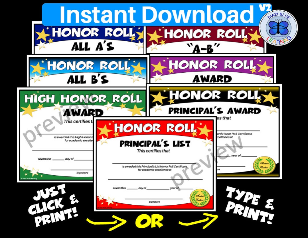 Honor Roll Certificates, 7 Pack Stars Honor Roll Certificates, Fillable ...