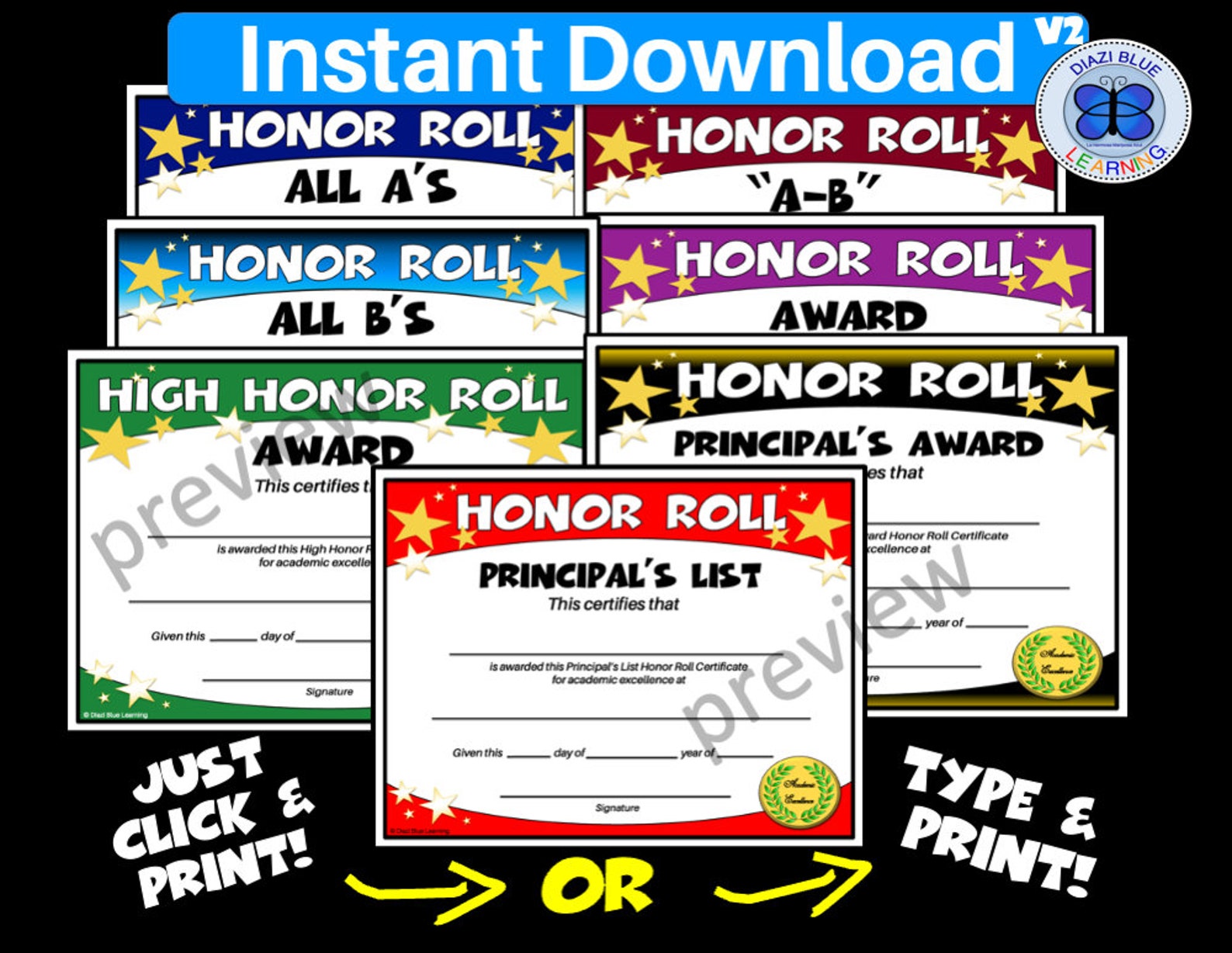 Honor Roll Certificates, 7 Pack Stars Honor Roll Certificates, Fillable ...