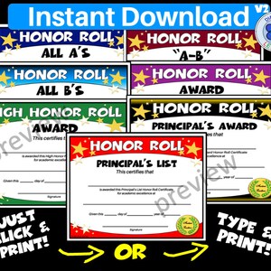 Honor Roll Certificates, 7 Pack Stars Honor Roll Certificates, Fillable ...