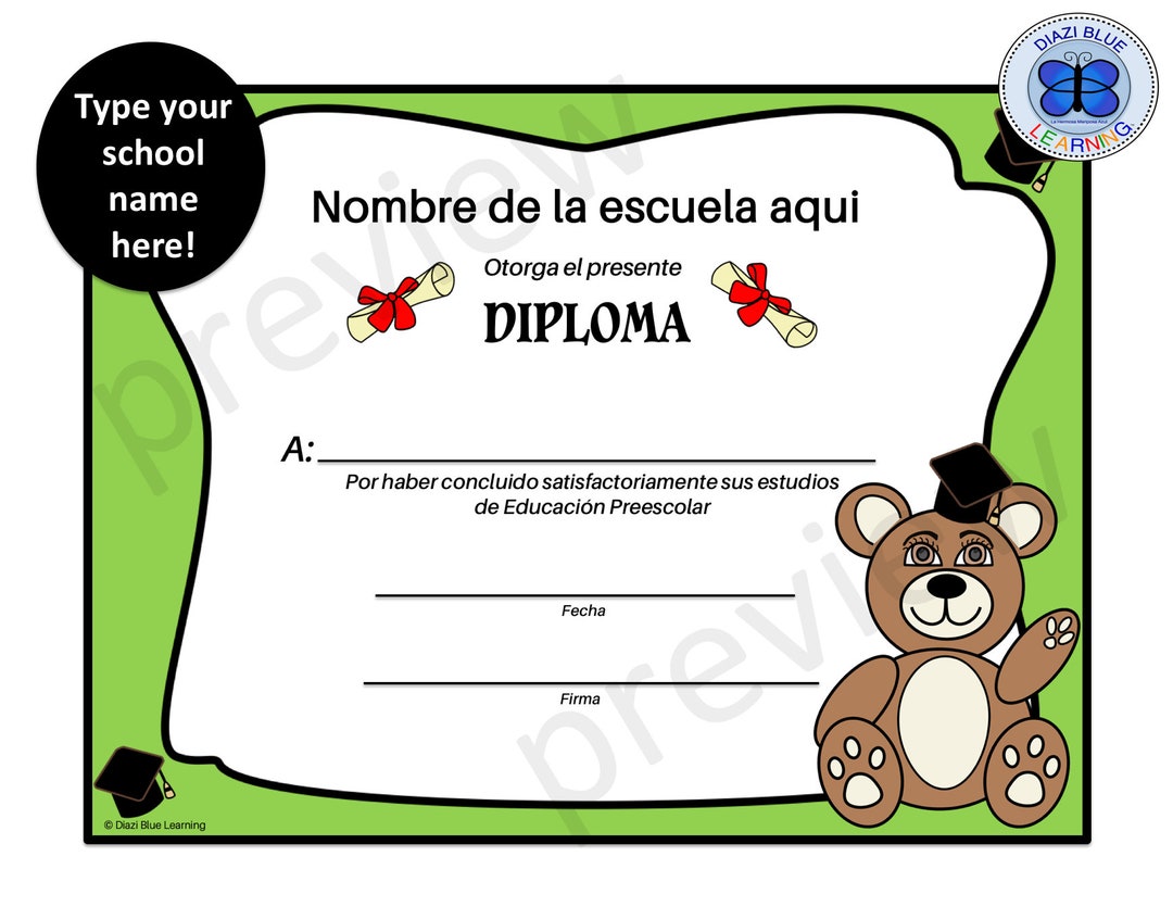 Spanish Preschool Diploma Diploma Preescolar Printable - Etsy