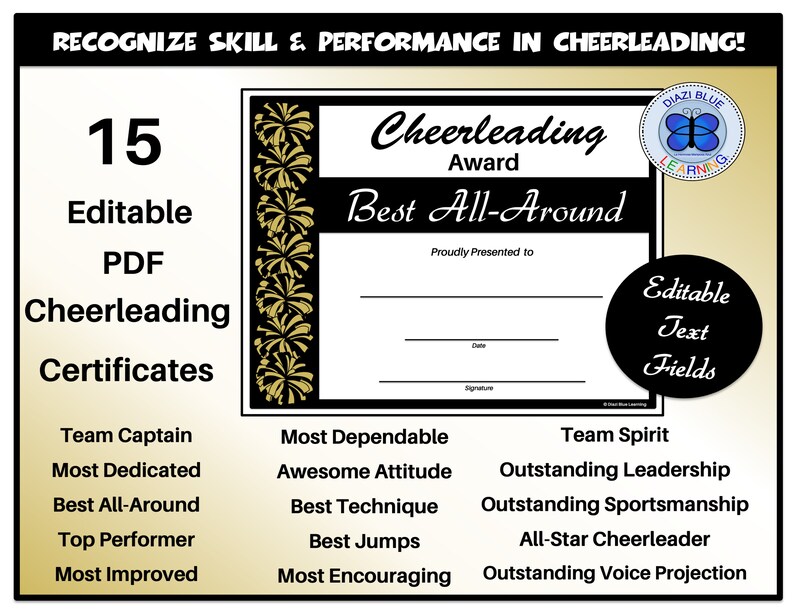 Black and Gold Cheerleading Certificates, Cheerleading Awards, Editable ...