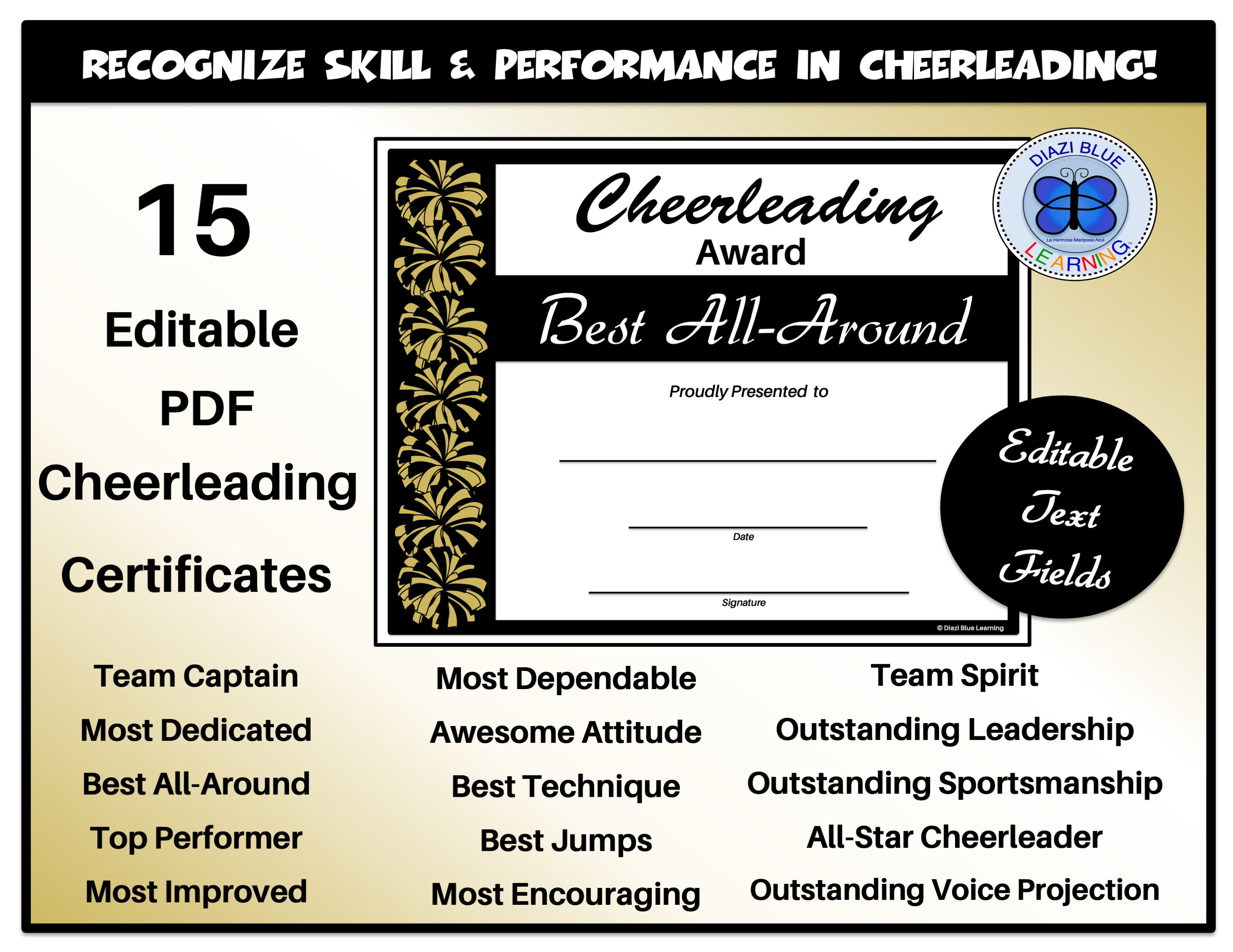 Black and Gold Cheerleading Certificates, Cheerleading Awards, Editable ...
