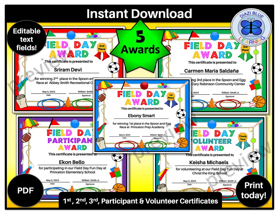 Field Day Award Set 1, Editable Field Day Certificate PDF, Field Day ...
