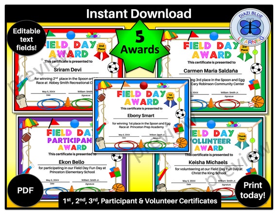Field Day Award Set 1 Editable Field Day Certificate PDF - Etsy