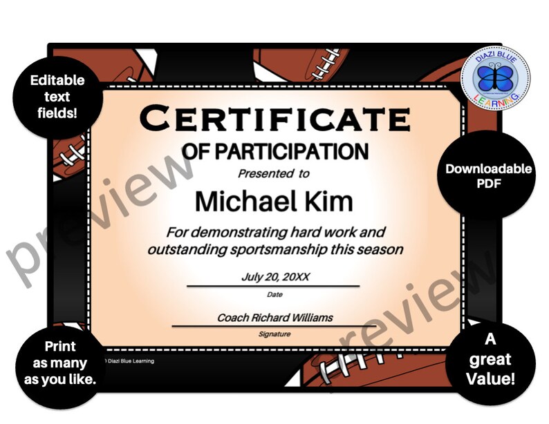 Editable Football Certificate, PDF Football Certificate With Signature ...