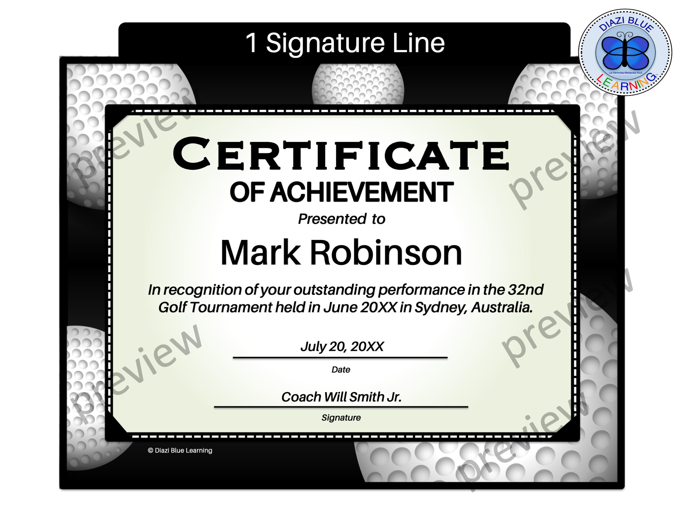 Editable Golf Certificate, Golf Certificate With 1 or 2 Signature Line ...