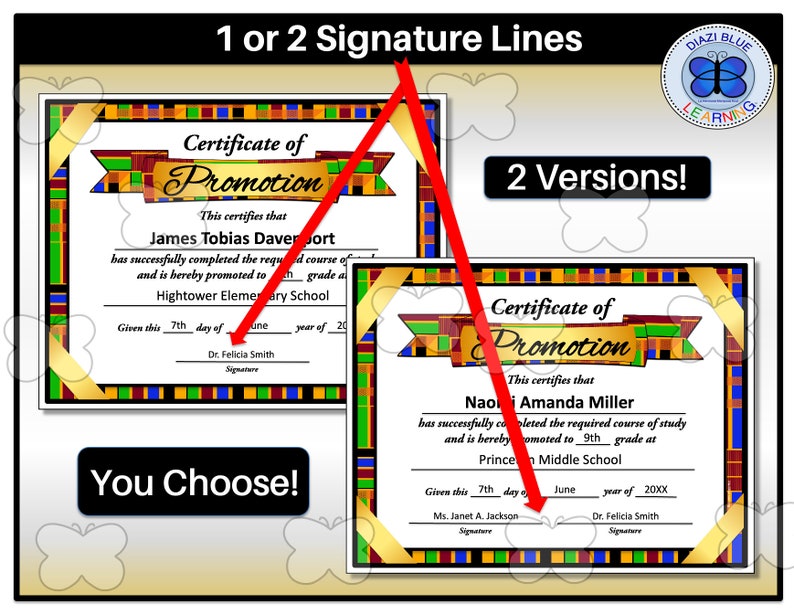 Kente Promotion Certificate, 1 or 2 Signature Lines, End of School Year ...