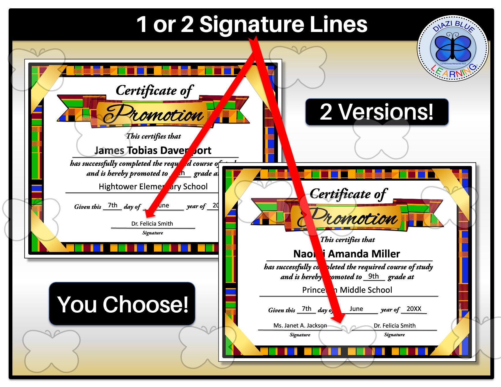 Kente Promotion Certificate, 1 or 2 Signature Lines, End of School Year ...