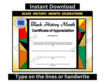 Black History Month Certificate of Appreciation, Editable Black History ...