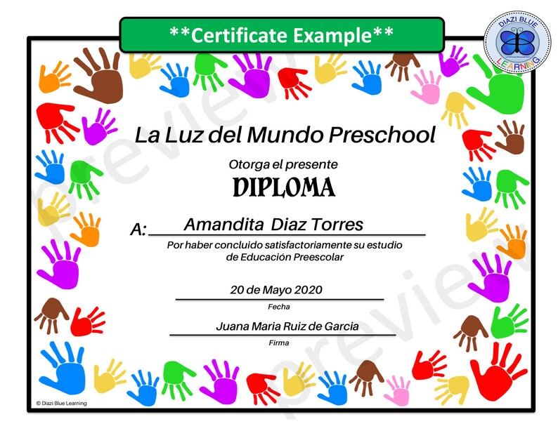Spanish Preschool Diploma, Diploma Preescolar, Printable Spanish ...