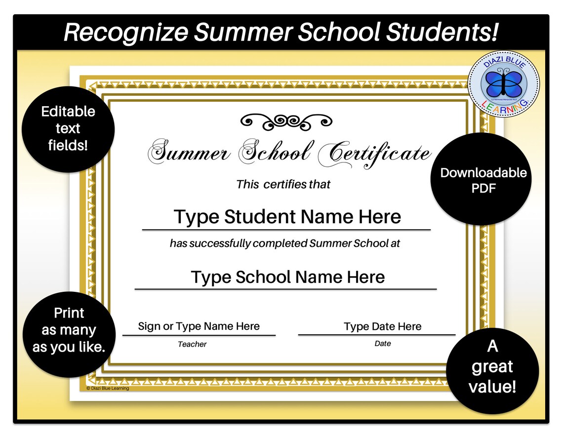 Summer School Certificate Editable Summer School - Etsy España