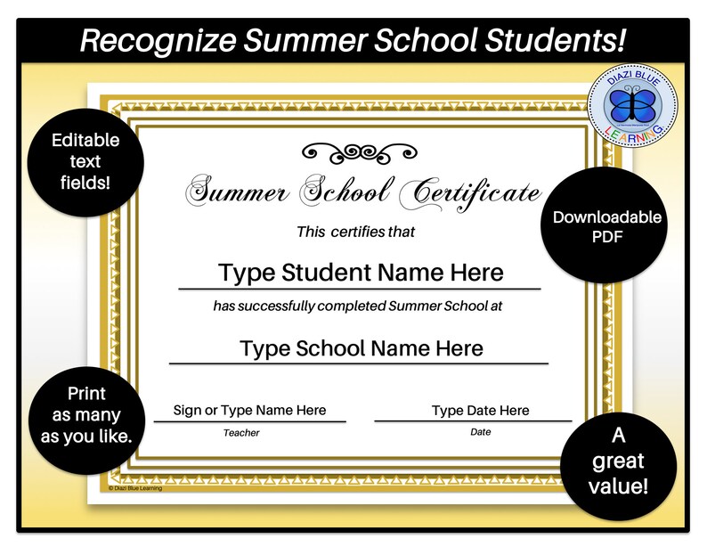 Buy Summer School Certificate, Editable Summer School Certificate ...