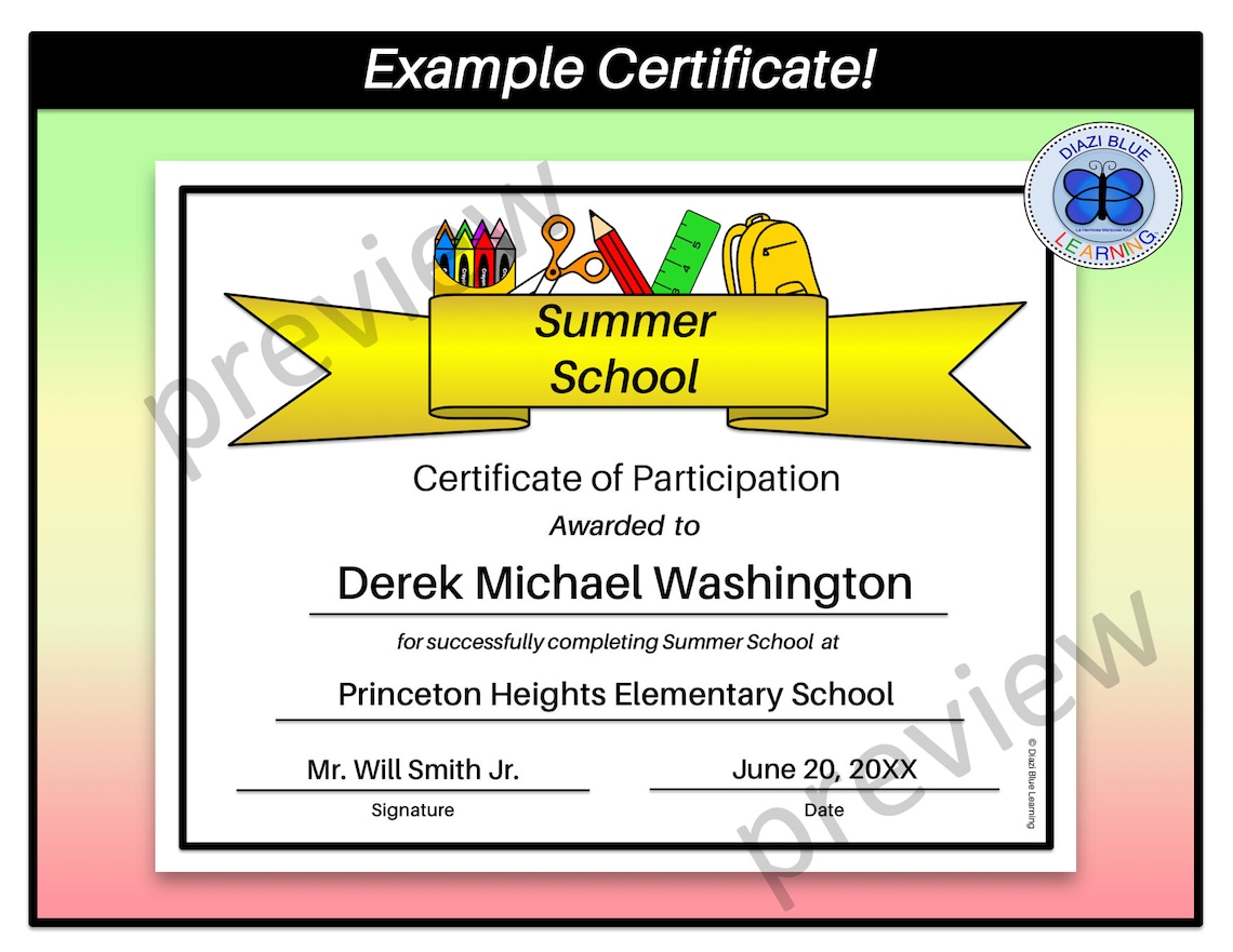 Summer School Certificate, Editable Summer School Certificate ...