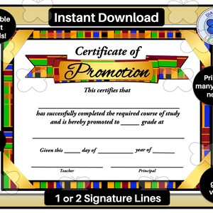 Kente Promotion Certificate, 1 or 2 Signature Lines, End of School Year ...