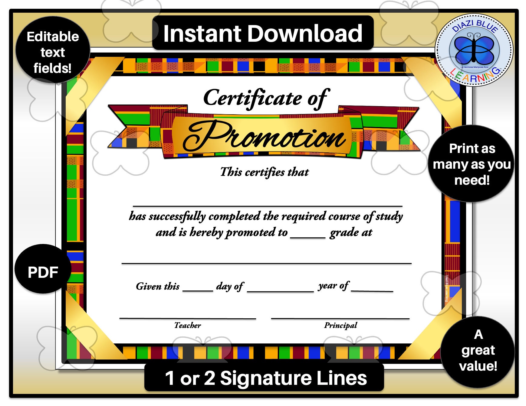 Kente Promotion Certificate, 1 or 2 Signature Lines, End of School Year ...