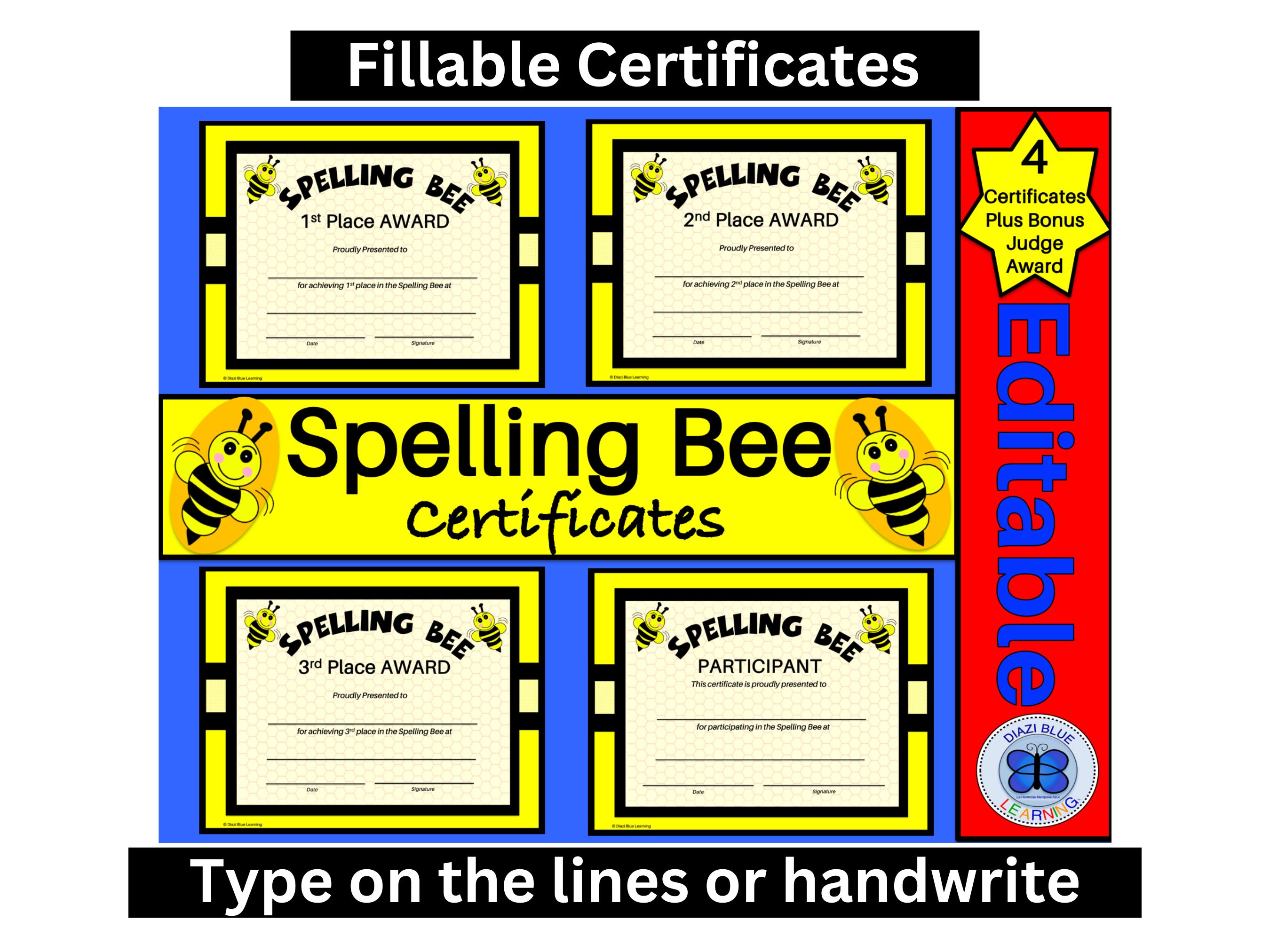 Spelling Bee Award Certificates, Spelling Bee Certificates, Editable ...