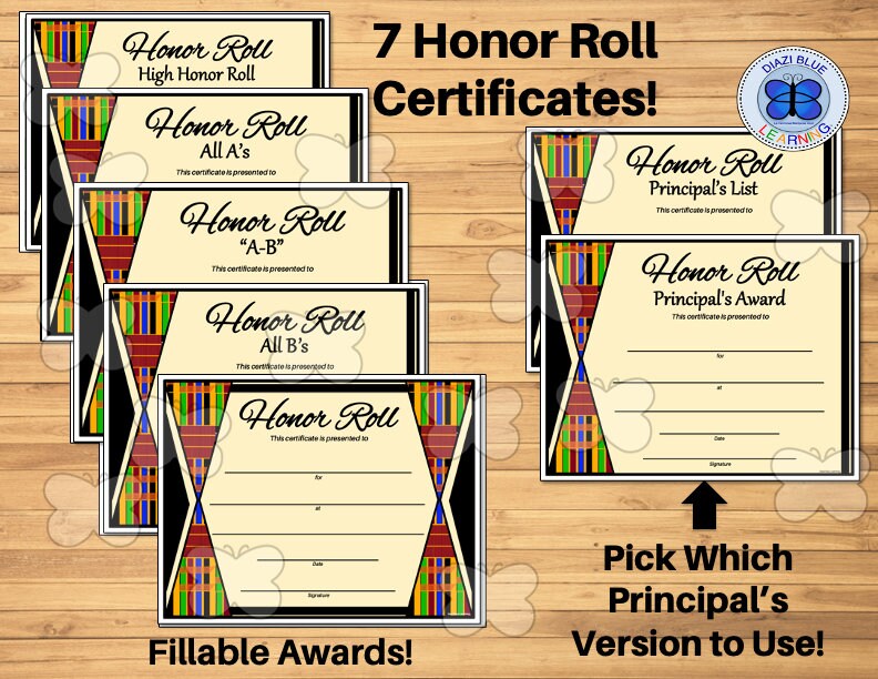 Set of 7 Kente Fillable Honor Roll PDF Certificates 3, Editable Kente ...