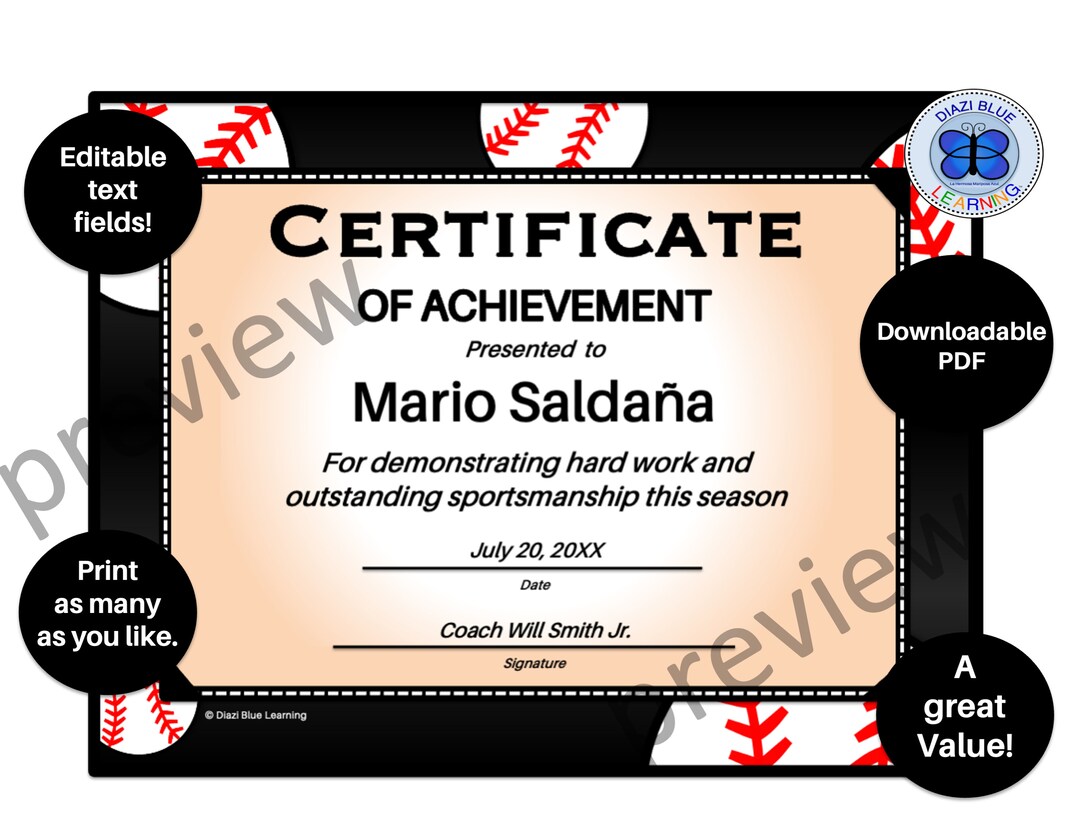 Editable Baseball Certificate, Baseball Certificate With 1 or 2 ...