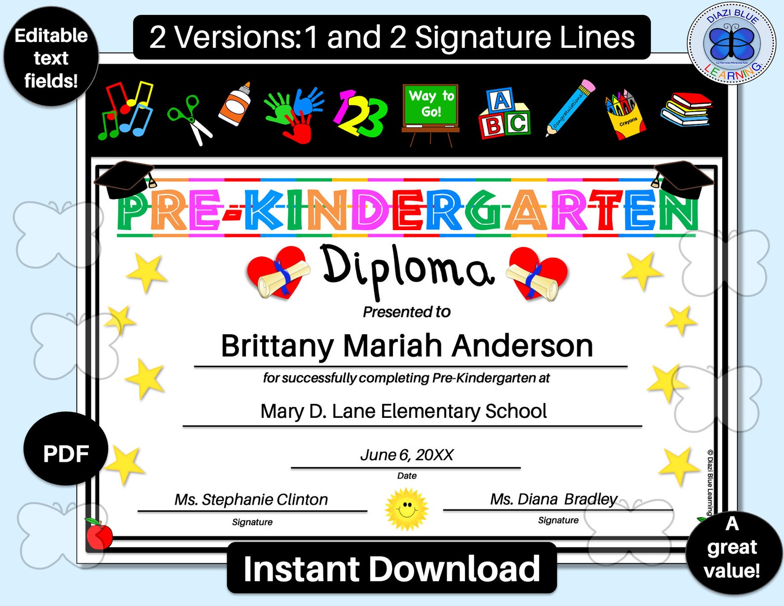 Pre-k Diploma, Pre-k Graduation Diploma, Fillable Prekindergarten ...