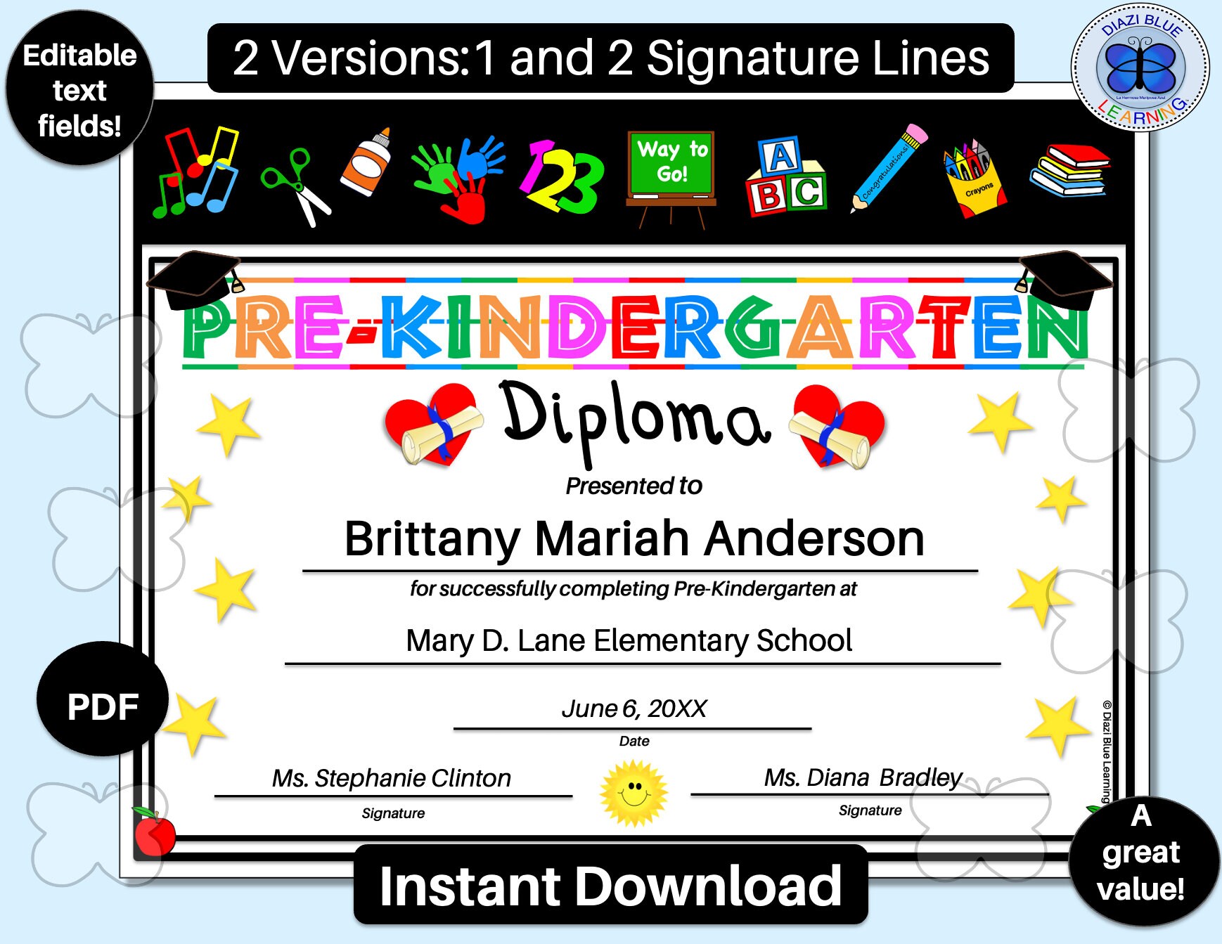 Pre-k Diploma, Pre-k Graduation Diploma, Fillable Prekindergarten ...