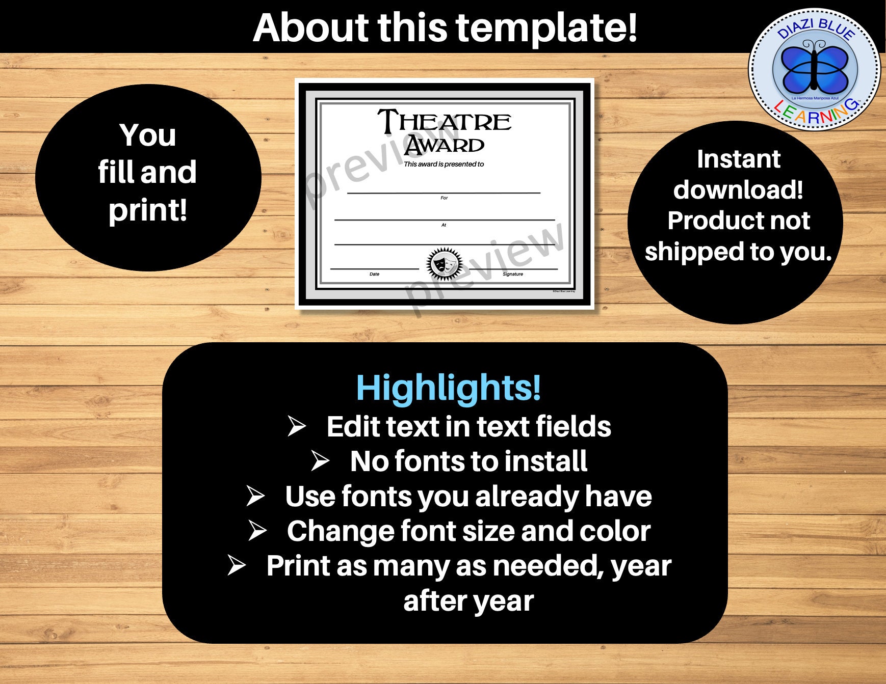 Editable Theatre Award PDF, Printable Theatre Certificate Award, End of ...