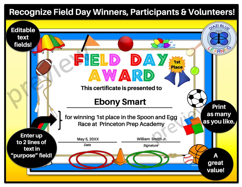 Field Day Award Set #1, Editable Field Day Certificate PDF, Field Day ...