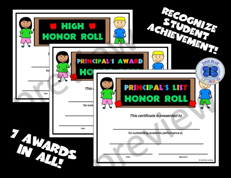 Honor Roll Certificates, 7 Pack Honor Roll Certificates, Fillable Honor ...