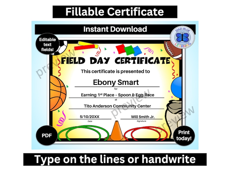 Field Day Certificate #1, Field Day Award, Editable Field Day ...