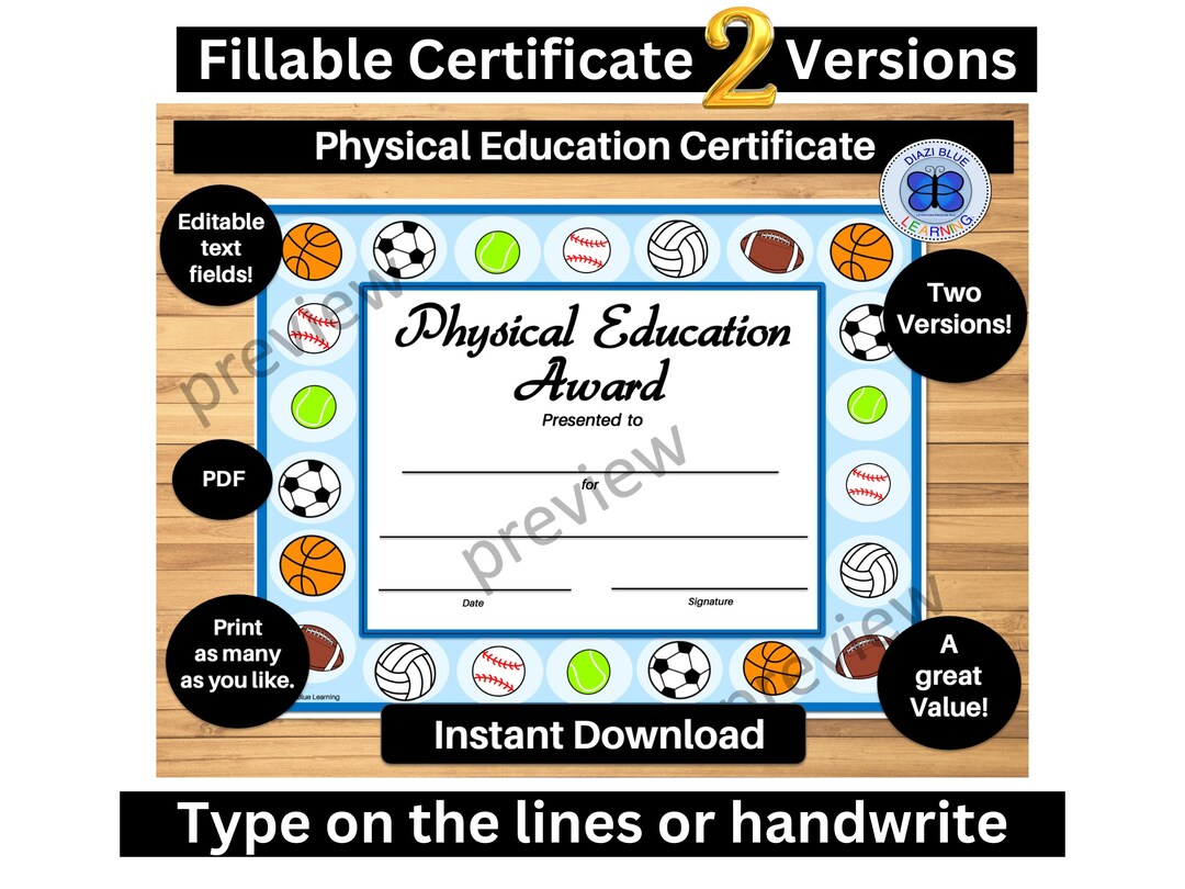 Physical Education Certificate, PE Certificate, Editable PE Certificate ...