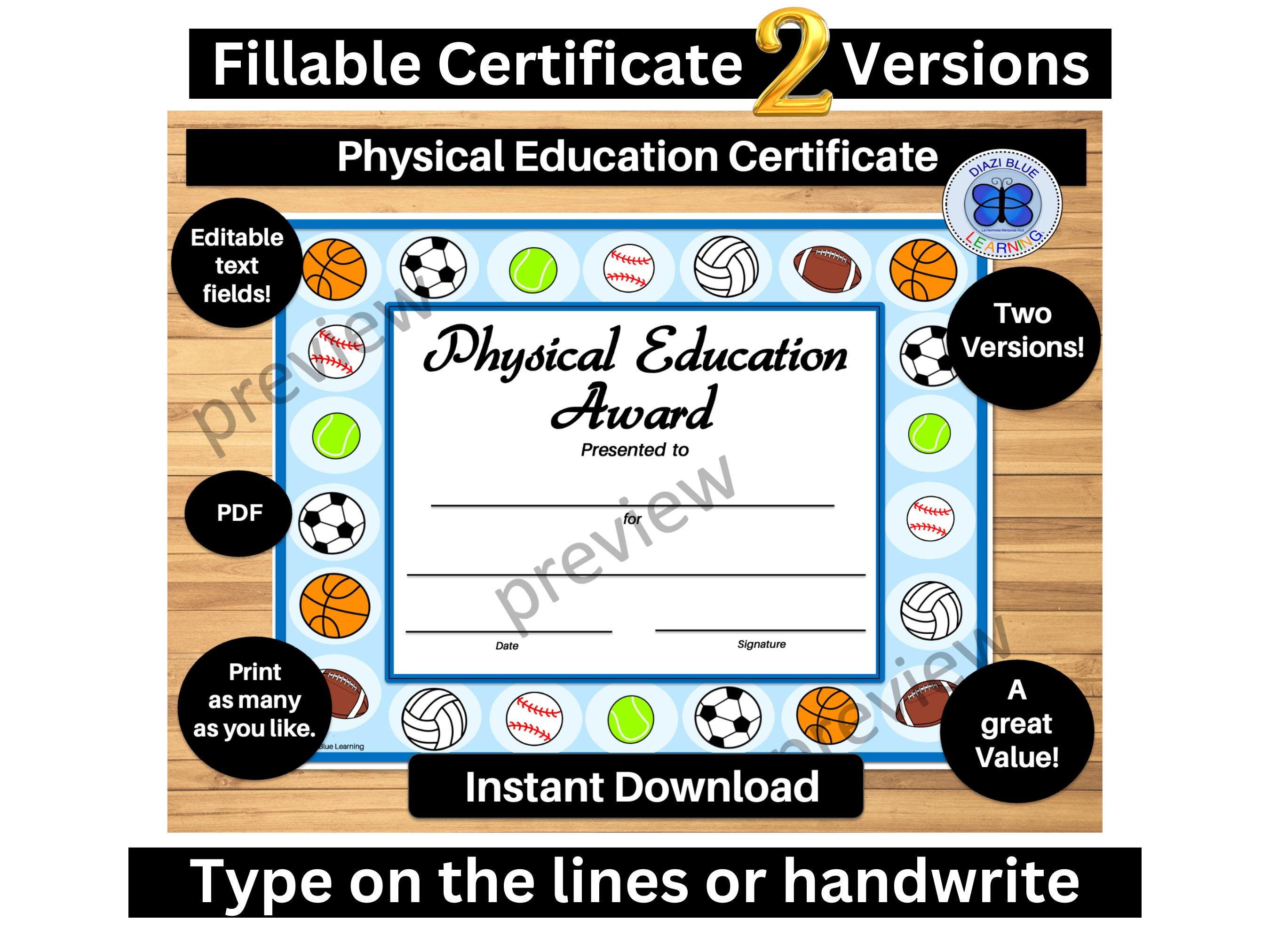 Physical Education Certificate, PE Certificate, Editable PE Certificate ...