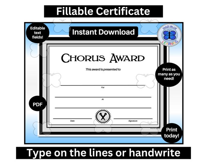 Editable Chorus Award PDF, Printable Chorus Certificate Award, End of ...