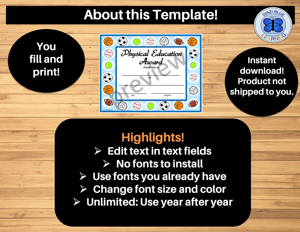 Physical Education Certificate, PE Certificate, Editable PE Certificate ...